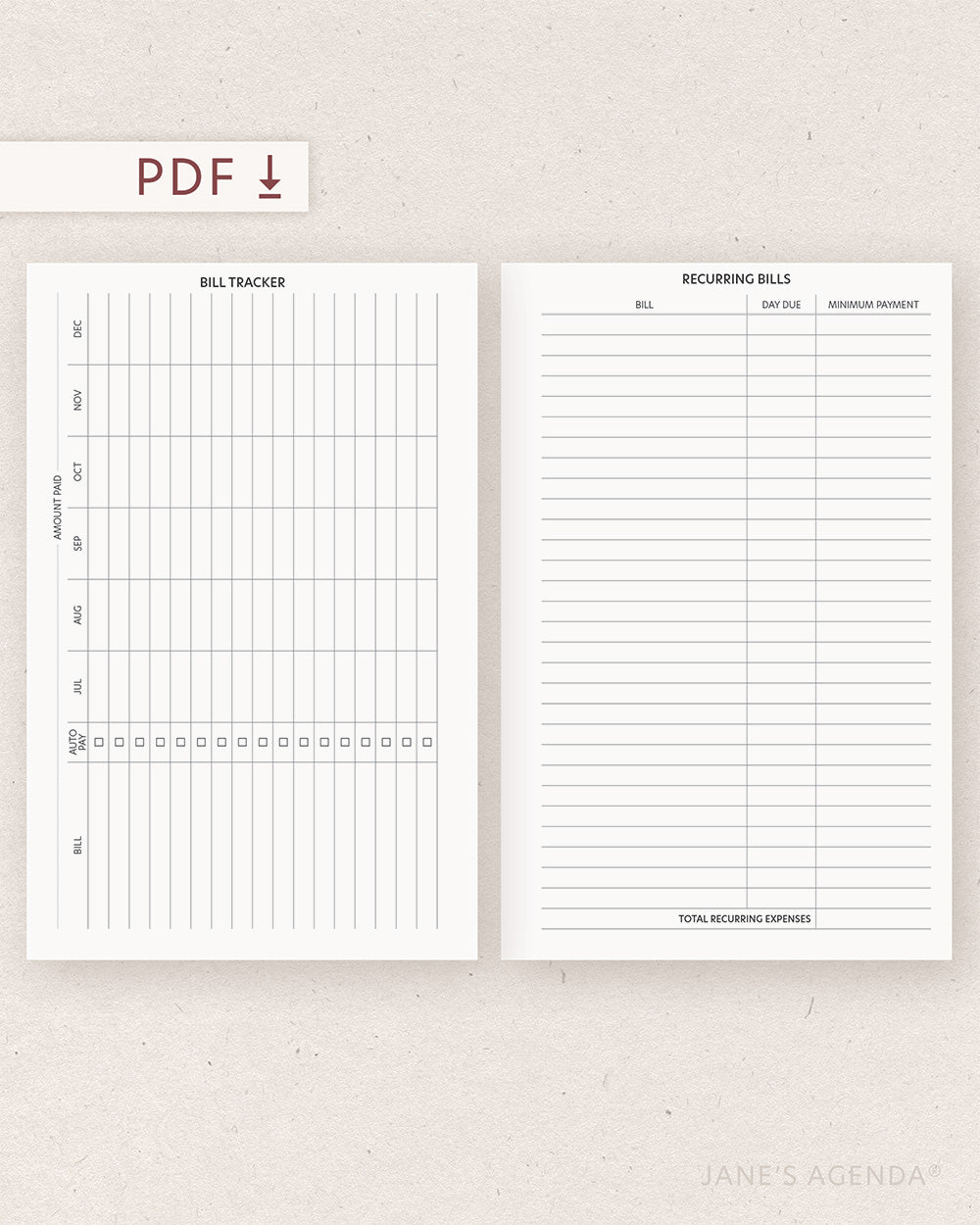 PRINTABLE: Recurring Bills Planner Inserts | Jane's Agenda®