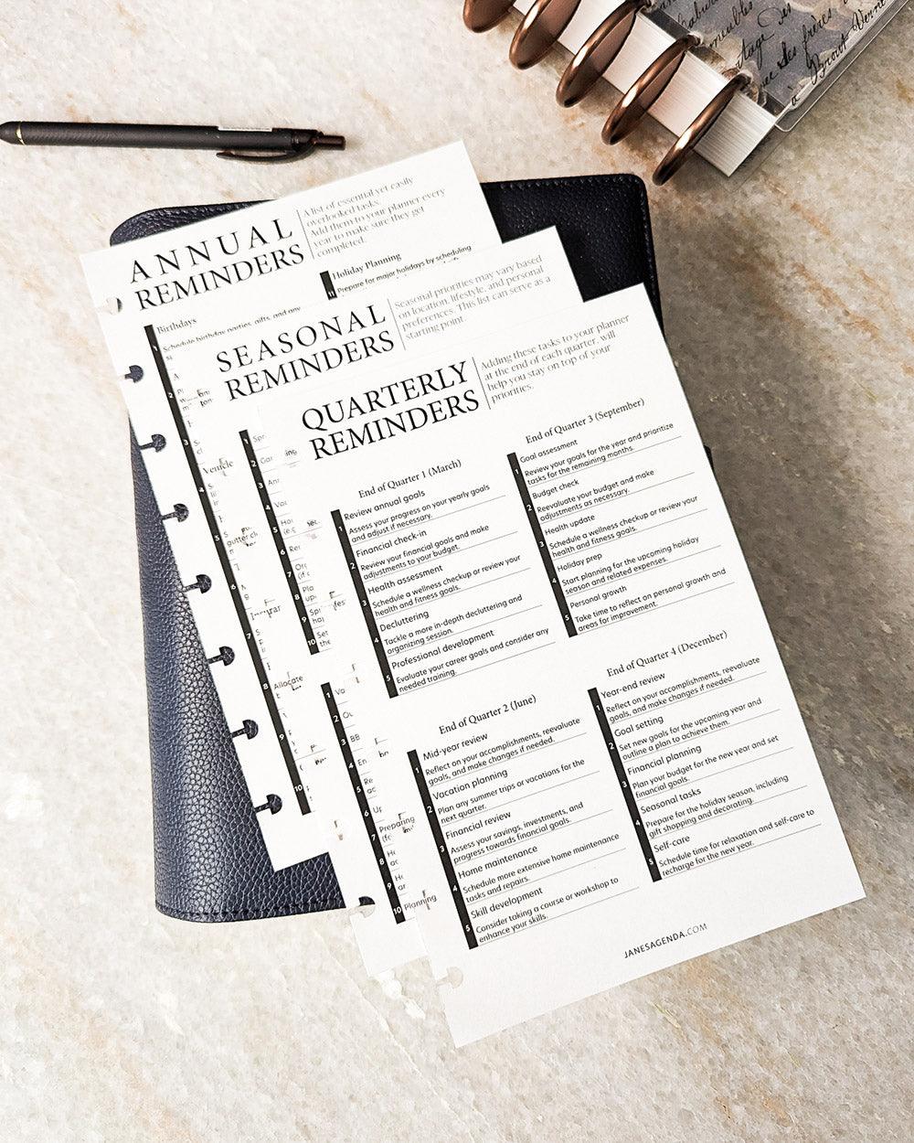 Reminders Planner Dashboard Set | Annual Seasonal | Jane's Agenda®